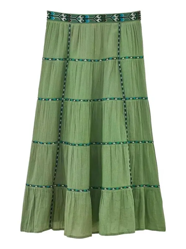 Ba&sh Paloma Tiered Embroidered-waistband Maxi Skirt - Green