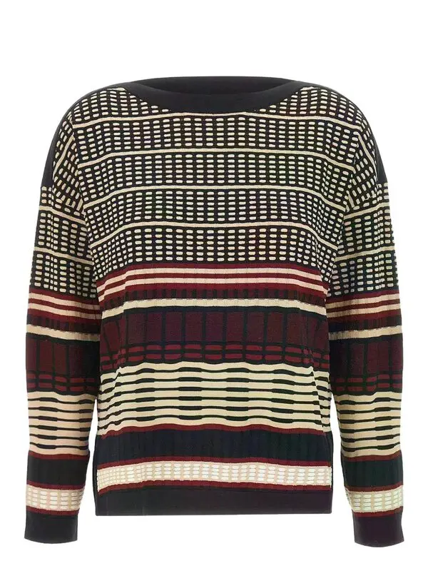 ELENA MIRÒ Geometric Pattern Boat Neck Long Sleeve Sweater - Black