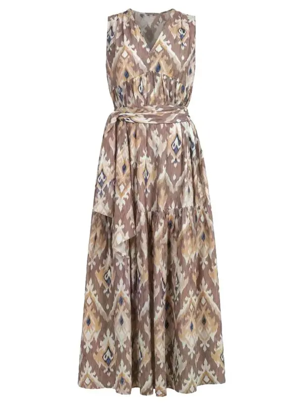 MY REAL IDENTITY Ikat Print Tiered Maxi Dress - Brown