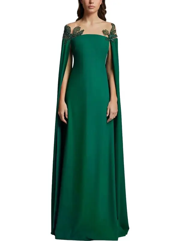 CRISTALLINI Bel Air Bead-embellished Cape-sleeve Maxi Dress - Green