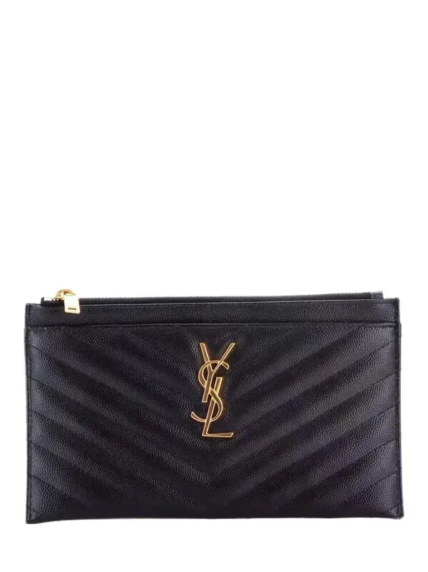 Saint Laurent Classic Monogram Zip Bill Matelasse Chevron Leather Medium Pouch - Black
