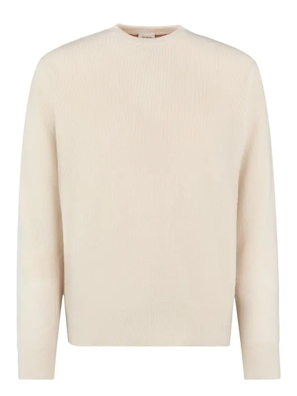 TOD'S Round Neck Cashmere Pullover With Suede Ribbing - White