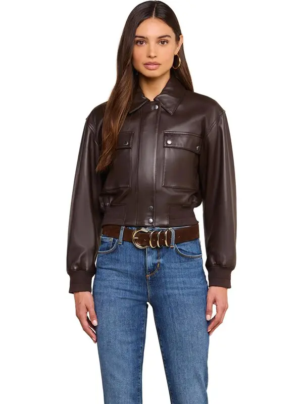 L'Agence Clotilde Cropped Leather Bomber Jacket - Brunette