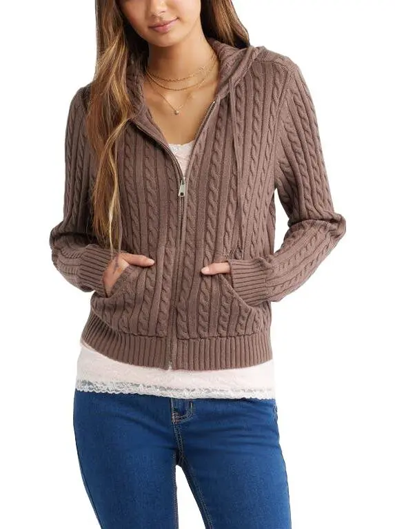 Bp. Cable Stitch Hooded Zip-up Cardigan - Brown Quartz