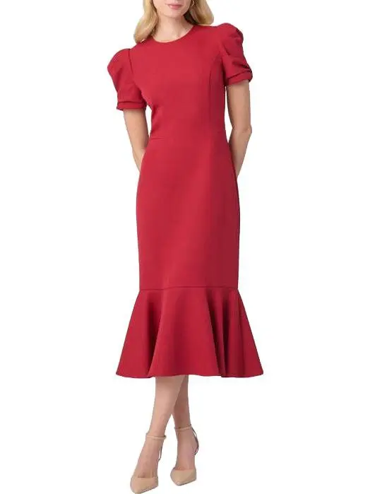 Shoshanna Crepe Hartley Midi Dress With Ruched Sleeves And Flounce Hem - Burgundy