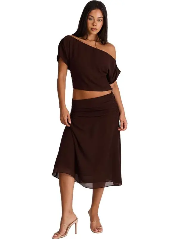 SASHA THERESE Margot Midi Skirt In Chiffon - Chocolate