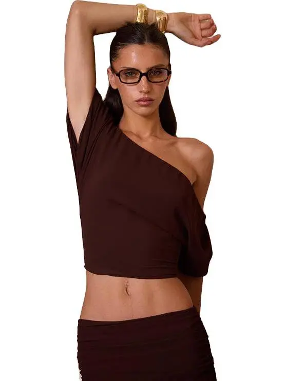 SASHA THERESE Margot Off-shoulder Chiffon Top - Chocolate