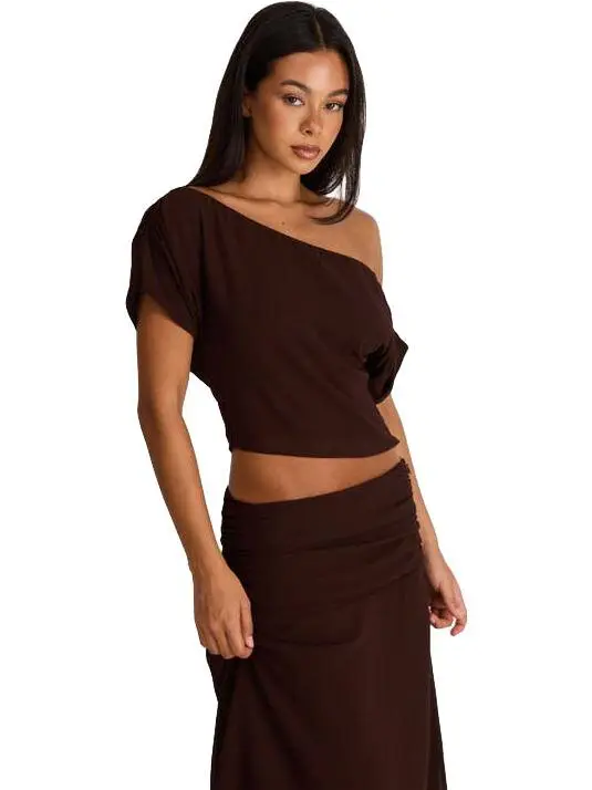 SASHA THERESE Margot Off-shoulder Chiffon Top - Chocolate