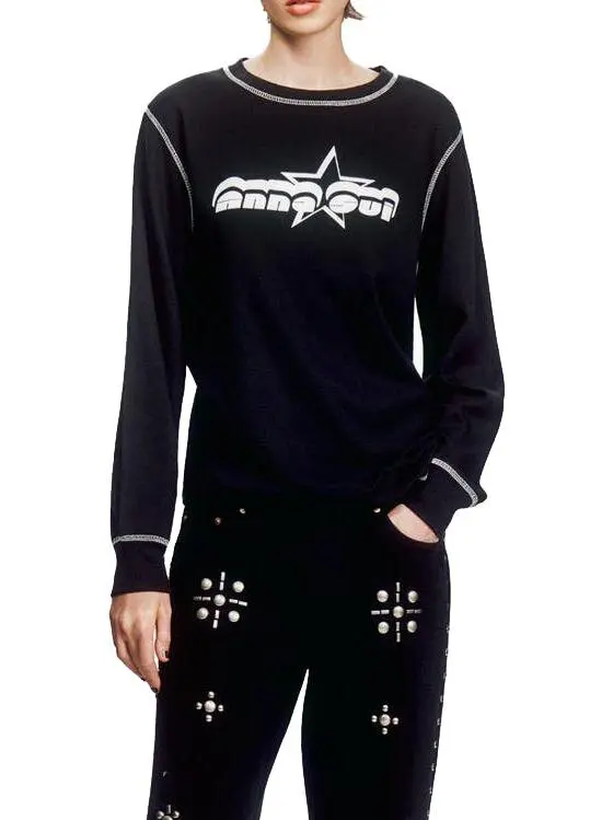 Anna Sui Logo Graphic Waffle Knit Thermal T-shirt - Black