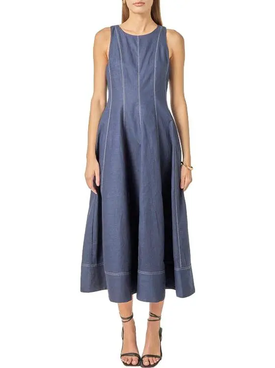 English Factory Stitch Detail Linen Midi Dress - Navy