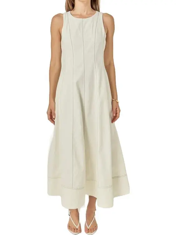 English Factory Stitch Detail Linen Midi Dress - White/black