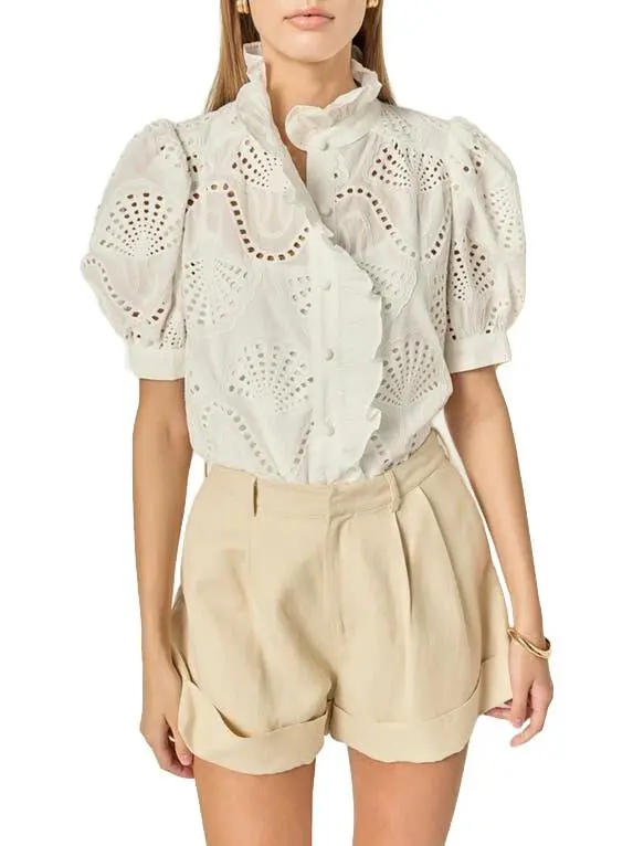 English Factory Embroidered Ruffle Eyelet Cotton Top - White