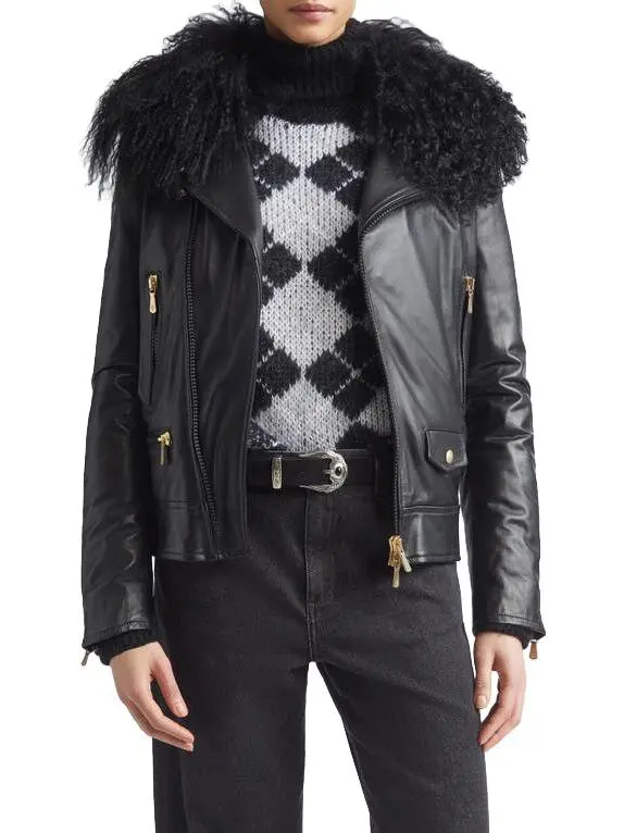 Eleventy Genuine Shearling Collar Leather Biker Jacket - 22 Black