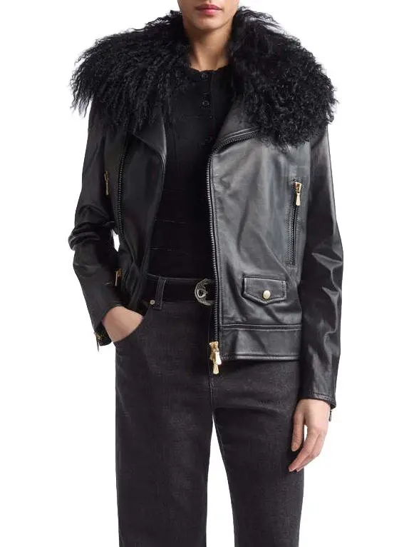 Eleventy Genuine Shearling Collar Leather Biker Jacket - 22 Black