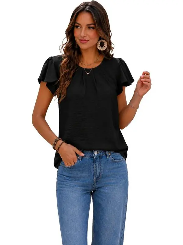 ZILPU Lightweight Pleated Flutter Sleeve Chiffon Blouse - Black