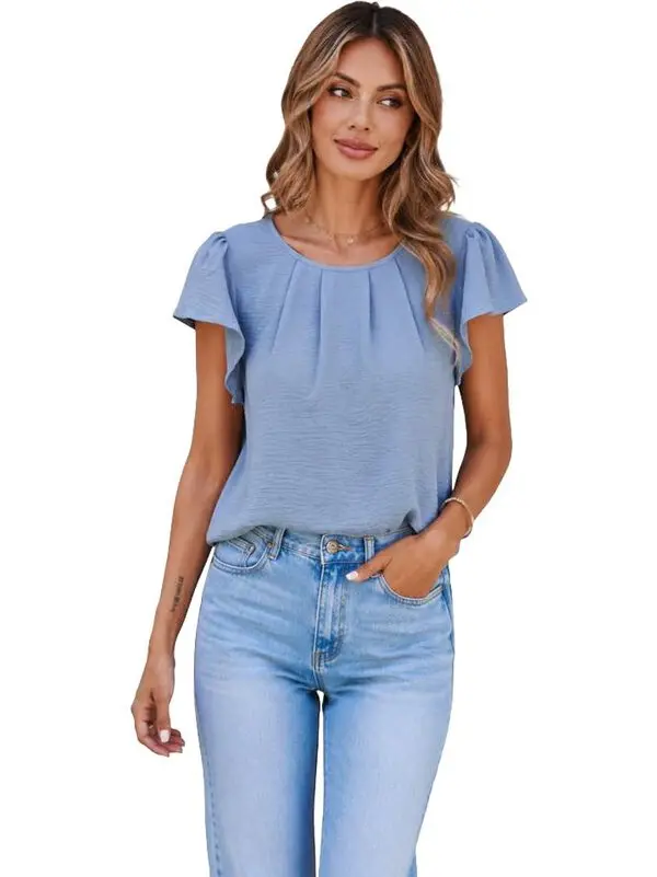 ZILPU Lightweight Pleated Flutter Sleeve Chiffon Blouse - Blue