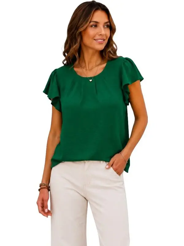 ZILPU Lightweight Pleated Flutter Sleeve Chiffon Blouse - Green