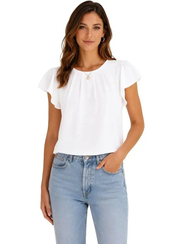 ZILPU Lightweight Pleated Flutter Sleeve Chiffon Blouse - White