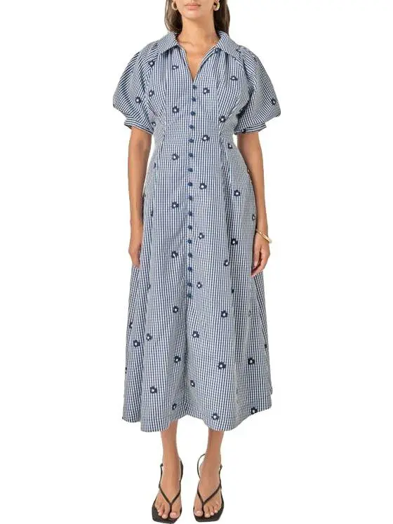 English Factory Embroidered Gingham Shirt Midi Dress - Navy