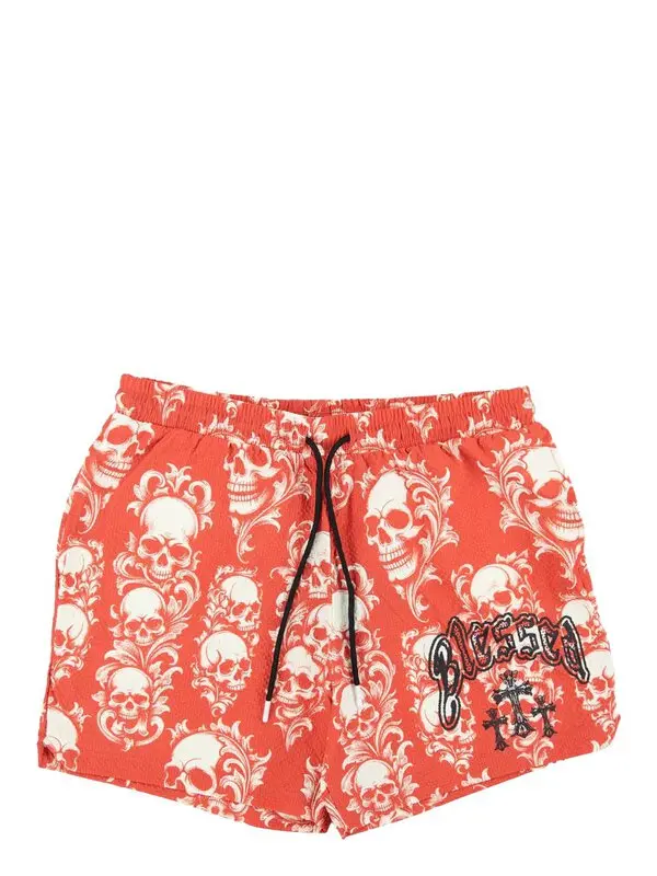 FLY BY NIGHT Geo Skull Print Relaxed Shorts - Salsa/blessed