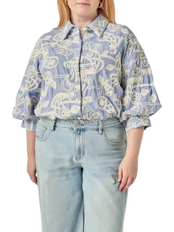 English Factory Embroidered Striped Volume Sleeve Shirt - Blue/cream