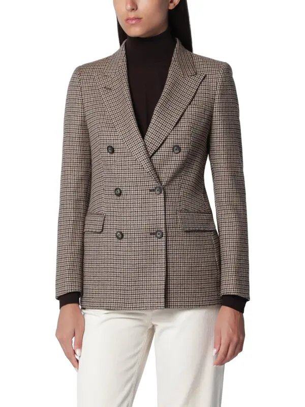 Tagliatore Double-breasted Tobacco-colored Jacket With Houndstooth Pattern In Wool Blend - Brown