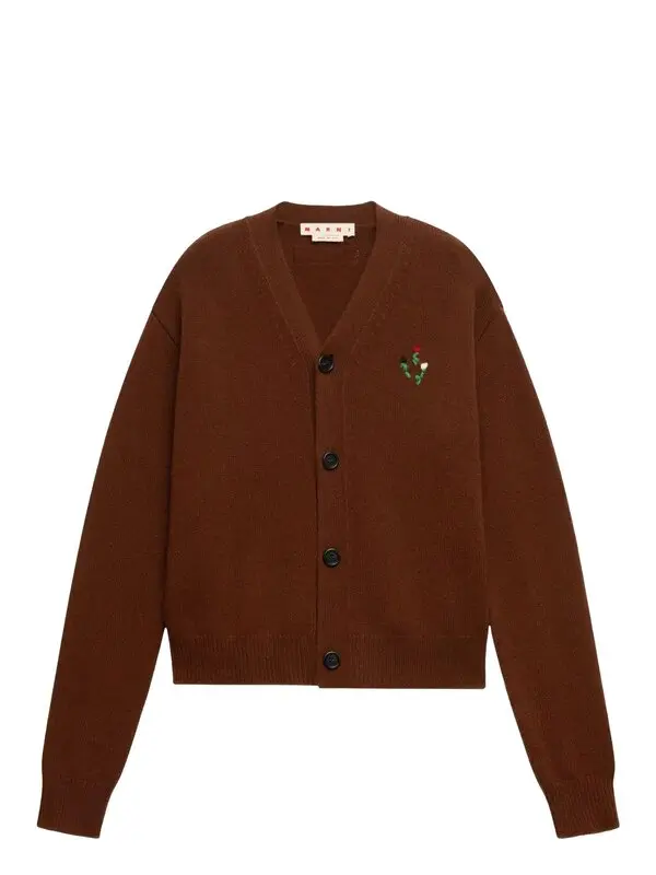 Marni V-neck Embroidered Cardigan - Brown