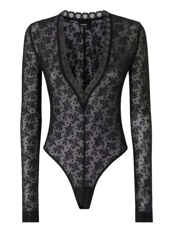 Pinko Floral Lace V-neck Long Sleeve Bodysuit - Black