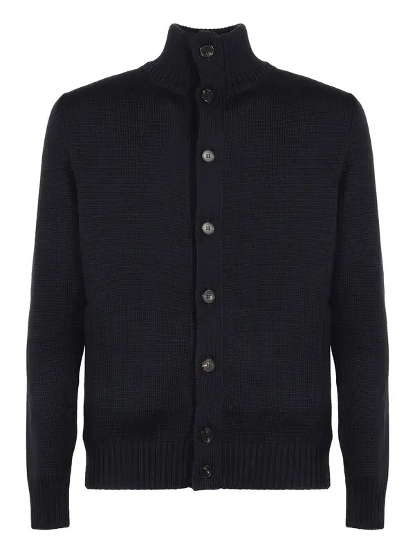 SLOWEAR Wool High Collar Button-front Cardigan - Blue