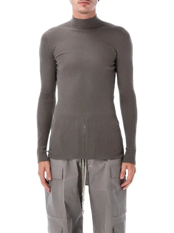 Rick Owens Minimalist Ribbed Wool Turtleneck Sweater With Center-back Seam - Dust Grey