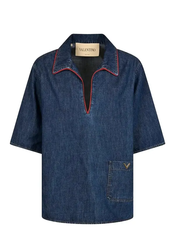 Valentino Garavani V-neck Cotton Shirt With Metal Logo Pocket - Blu