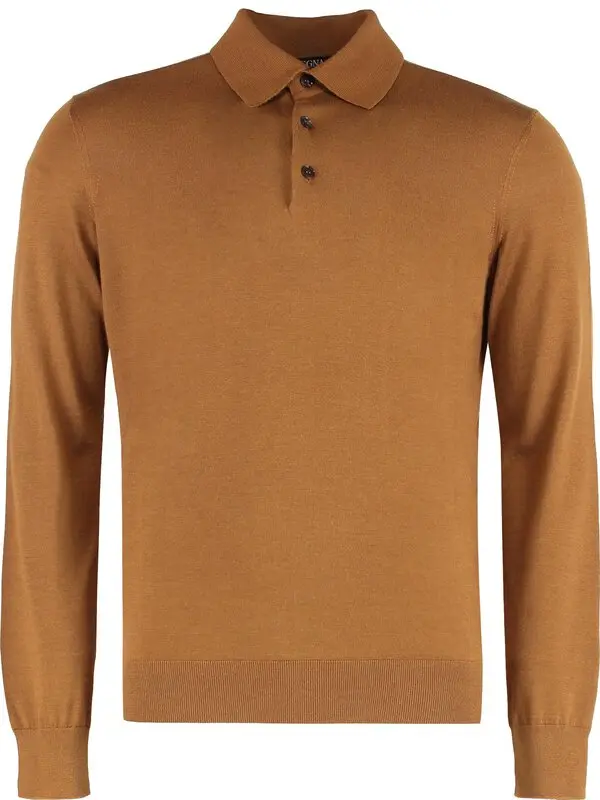 Zegna Silk Cashmere Knit Long-sleeve Polo - Camel