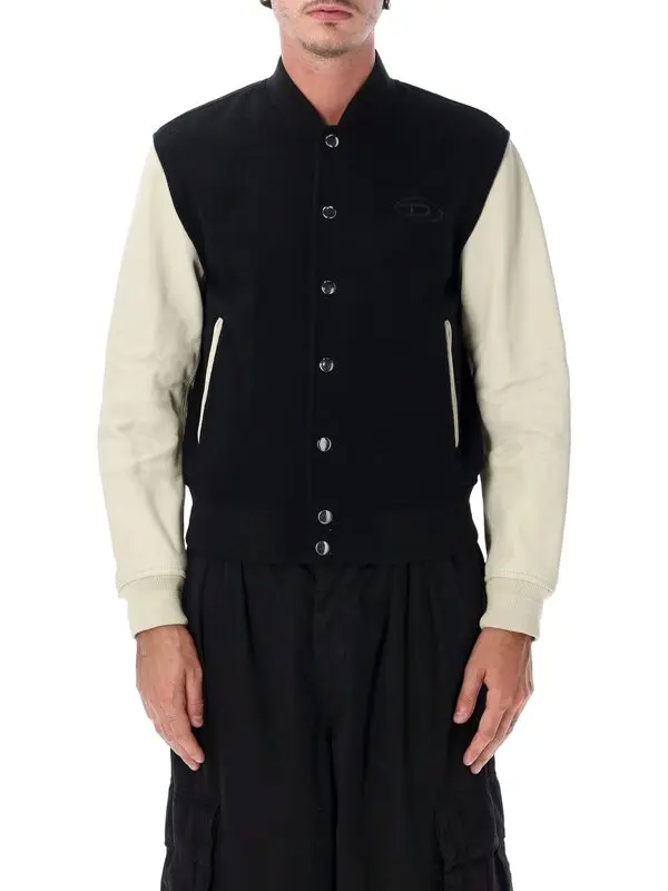 DIESEL® Wool-blend Bomber Jacket With Leather Sleeves - Nero