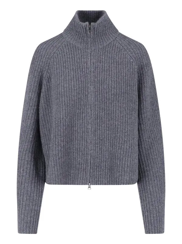 LISA YANG Ribbed Knit Zip-front Mock Neck Sweater - Grey