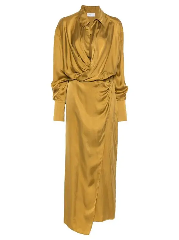Andamane Draped Waist Plunge V-neck Wrap Mini Dress With Pointed Collar & Side Split - Giallo