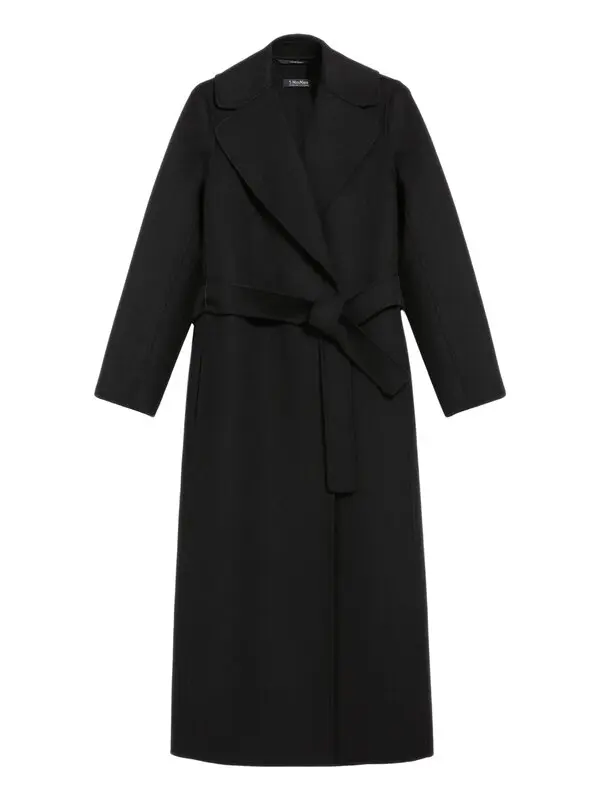 Max Mara Hand-sewn Double-drape Pure Wool Belted Jacket With Lapel Collar & Silk-lined Sleeves - Nero