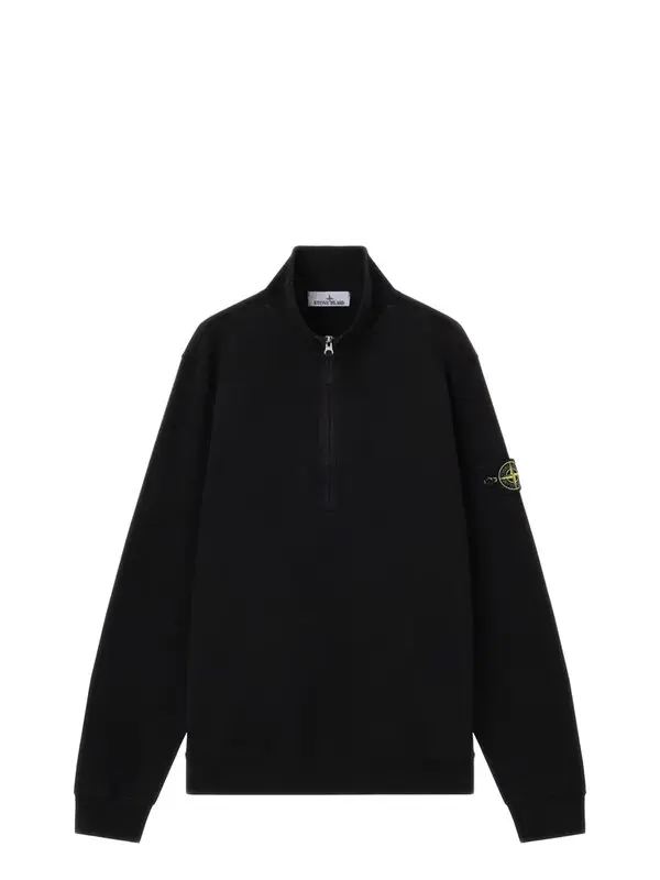 Stone Island Cotton Half-zip Sweatshirt With Ribbed Collar, Cuffs & Hem - Nero