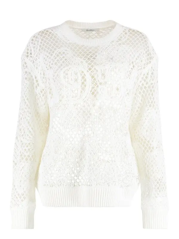 Max Mara Crochet Knit Cotton Crewneck Sweater - White