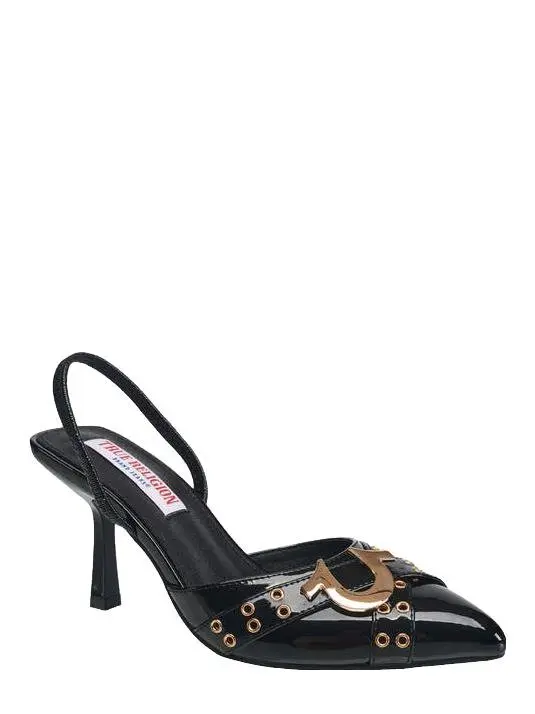True Religion Patent Leather Slingback Pumps With Metal Buckle - Black