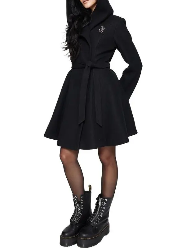 DISTURBIA Camilla Tie Waist Hooded Coat - Black
