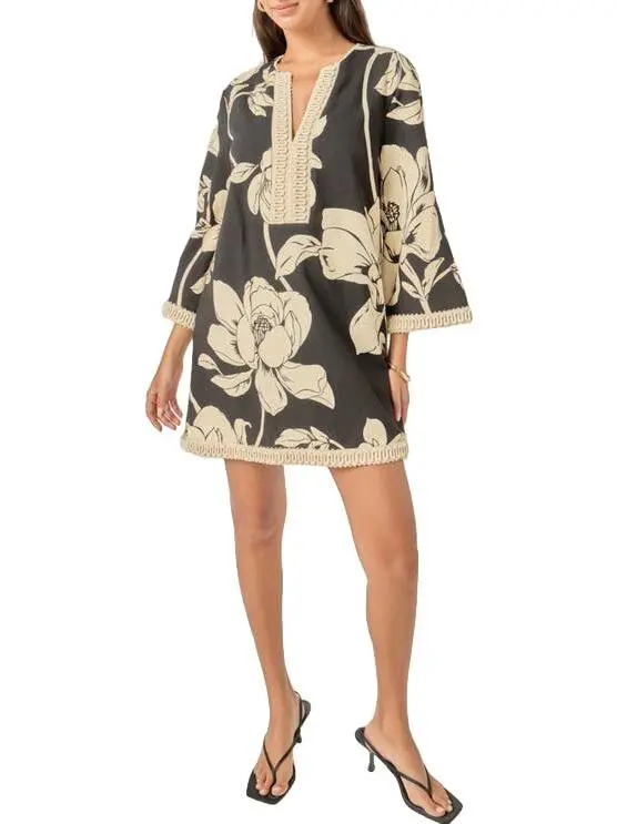 English Factory Floral Print Cotton Minidress - Black/cream