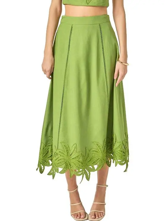 English Factory Embroidered Linen Blend Midi Skirt - Green