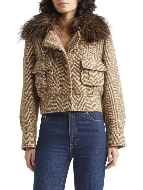 Zimmermann Valiant Crop Faux Fur Collar Herringbone Jacket - Camel