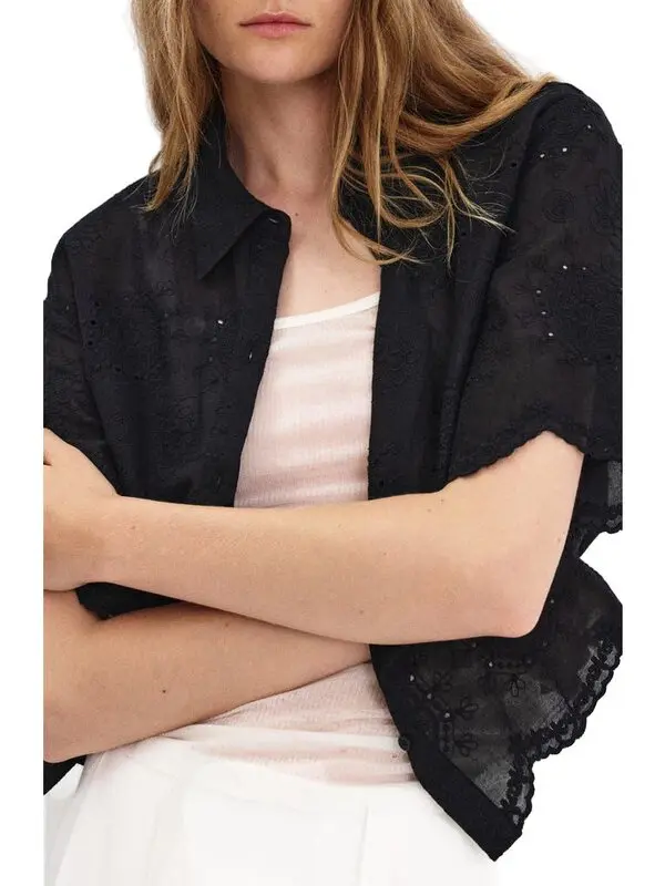 Mango Embroidered Cropped Shirt - Black