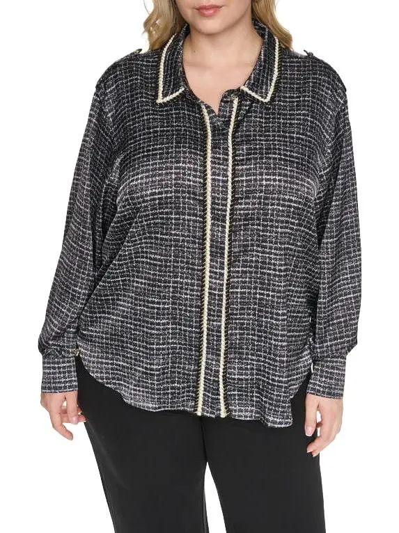 Karl Lagerfeld Paris Tweed Print Button-up Shirt - Black/soft White Multi