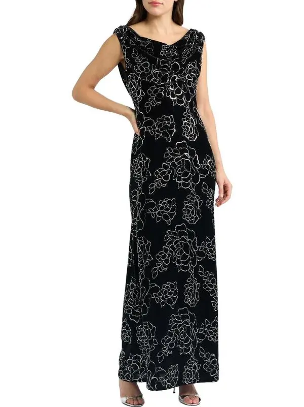 Eliza J Floral Sequin Drape Neck Velvet Gown - Black Silv