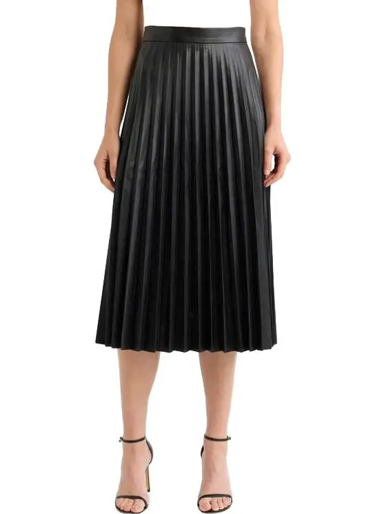 TAHARI ASL Pleated Faux Leather Midi Skirt - Black