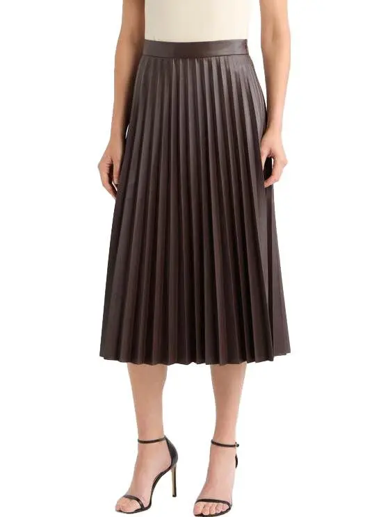 TAHARI ASL Pleated Faux Leather Midi Skirt - Espresso