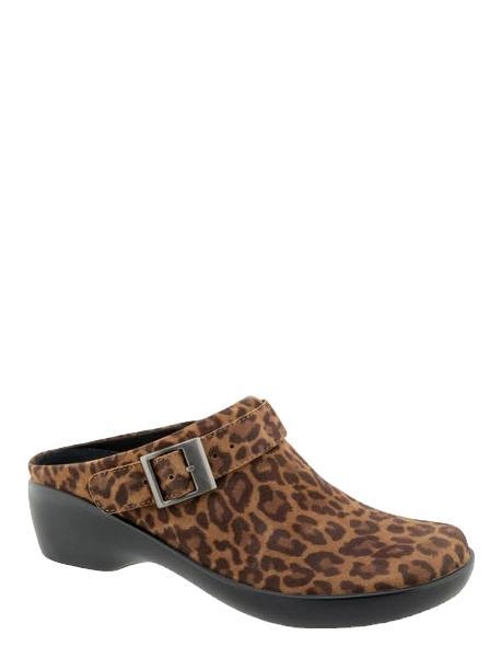 Munro Clarice Leather Clogs With Buckle Strap - Leopard Suede