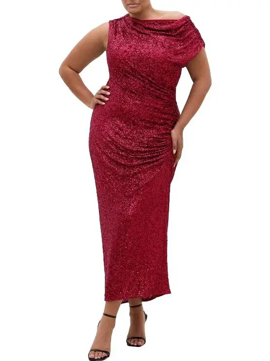 City Chic Sequin One-shoulder Maxi Gown - Berry